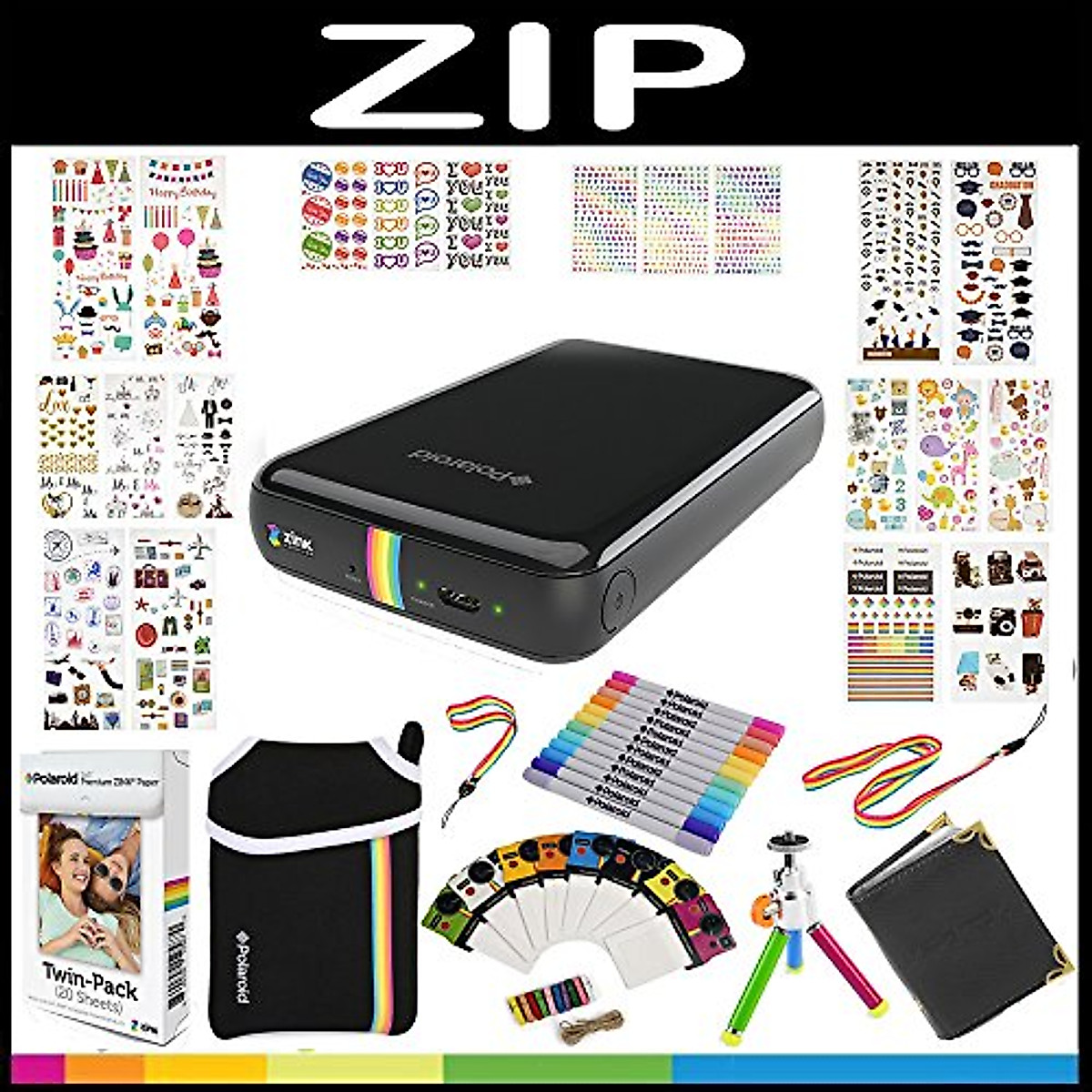 Polaroid ZIP Mobile Printer Gift Bundle + ZINK Paper (20 Sheets) + 9 Unique Colorful Sticker Sets + Pouch + Twin Tip Markers + Hanging Frames + Photo Album + Accessories
