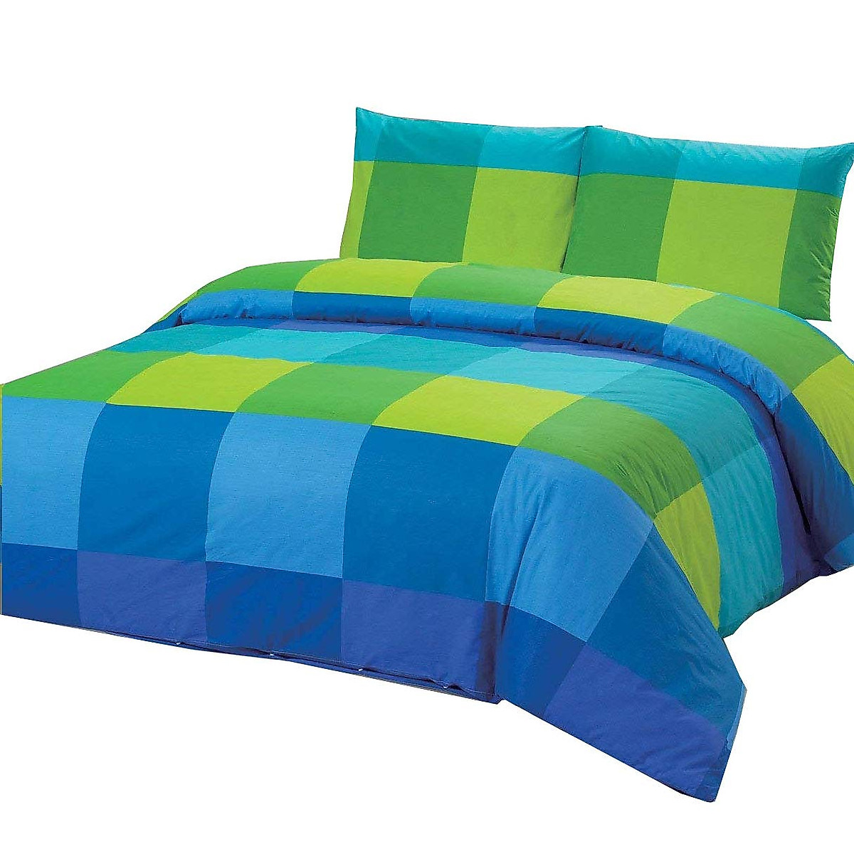 100 Percent Cotton Full/Queen Duvet Cover Set with 2 Pillow Cases, Blue Green Large Checkered Pattern, 200 Threat Count
