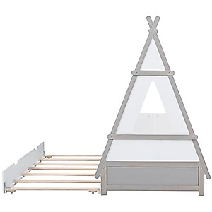 JIVOIT Wooden Tent Floor Bed with Pull-Out Twin Size Trundle, Twin Size Floor Bed House Bed with X-Shaped Safety Railings, Montessori Bed Playhouse House Platform Bed for Kids Boys Girls