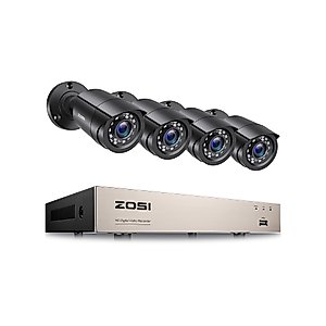 ZOSI 3K Lite Security Camera System Indoor Outdoor,AI Human/Vehicle Detection,Night Vision,Remote Access,4pcs 1080P 1920TVL Weatherproof Surveillance Cameras,H.265+ 8CH 5MP Lite CCTV DVR(NO HDD)