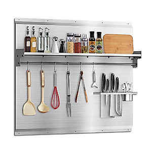 VENFAN Range Backsplash, 36 x 30 Inch Wall-Mounted Stainless Steel Backsplash with Built-in Storage Shelf & Hanging Rack, Stainless Steel Backsplash for Stove Easy Installation