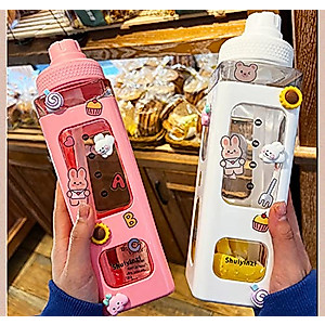 WANGZMTOU Kawaii Bear Pastel Water Bottle With 3D Sticker 700ml Plastic Travel Tea Juice Milk Portable Cute Shaker Drink Bottle Gift (Pink)