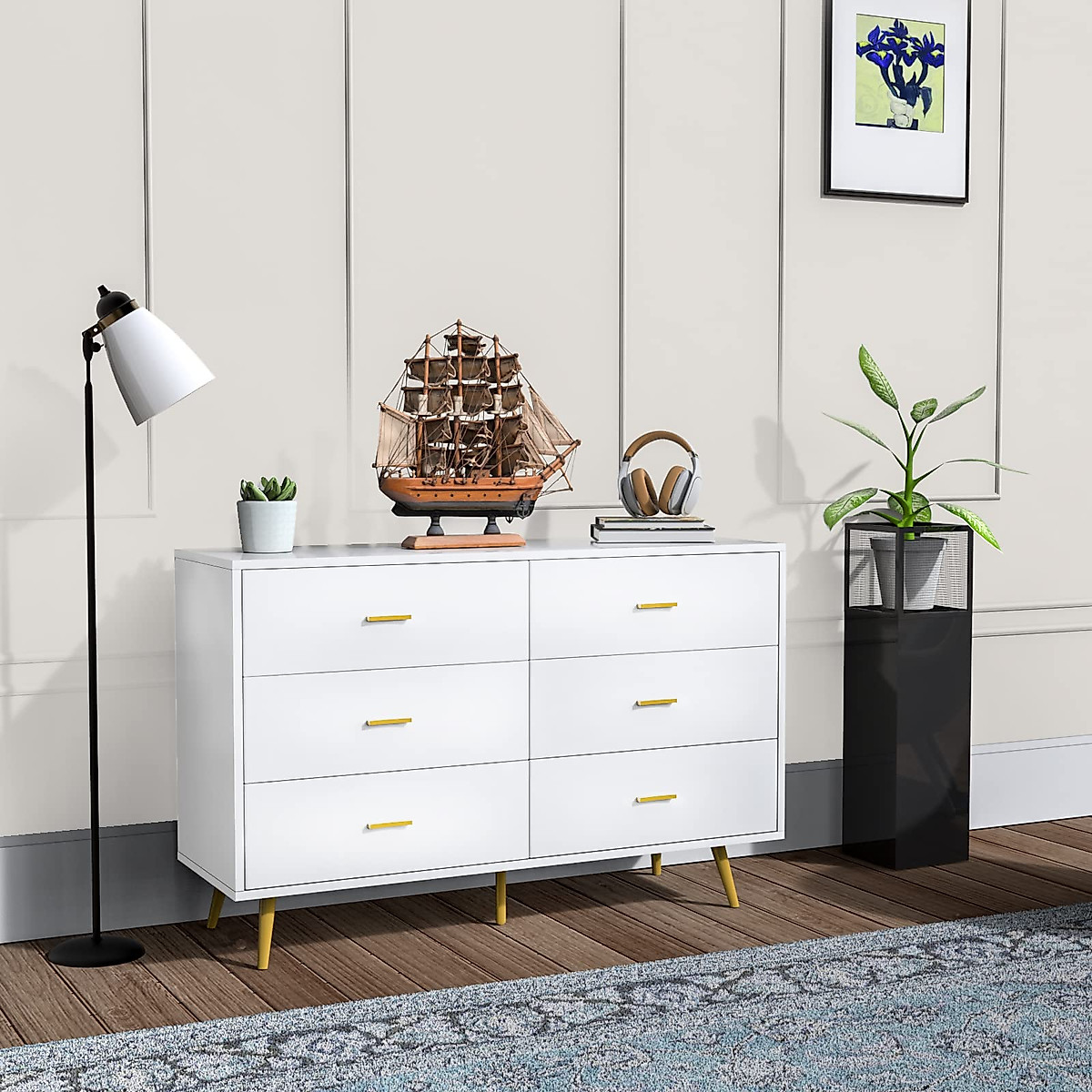 JOZZBY White Dresser, 6 Drawer Dresser for Bedroom with Wide Drawers and Metal Handles, Modern Wood Storage Chest of Drawers for Living Room Hallway Entryway