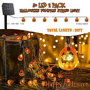 Oopswow 2 Pack Solar Powered Halloween Pumpkin String Lights, 20ft, 30 LEDs, 8 Lighting Models, Waterproof, Indoor/Outdoor Use