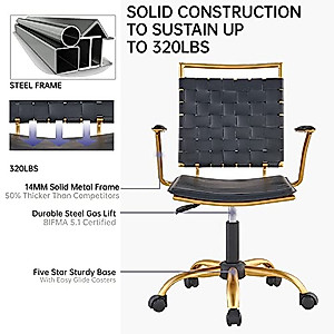 CAROCC Modern Leather Desk Chiar Gold and Black Office Chair Cute Desk Chiar Mid Back Conference Chairs with Wheels and Arms Comfortable Computer Swivel Task Chair(Black)