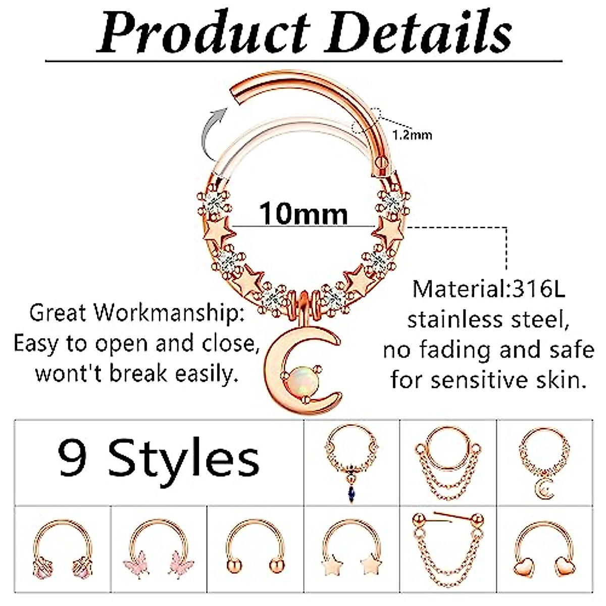 CASSIECA 9Pcs 16G Septum Rings for Women Surgical Steel Septum Jewelry Hinged Nose Rings Hoop CZ Butterfly Horseshoe Cartilage Earrings Hoop Helix Tragus Daith Piercing Jewerly