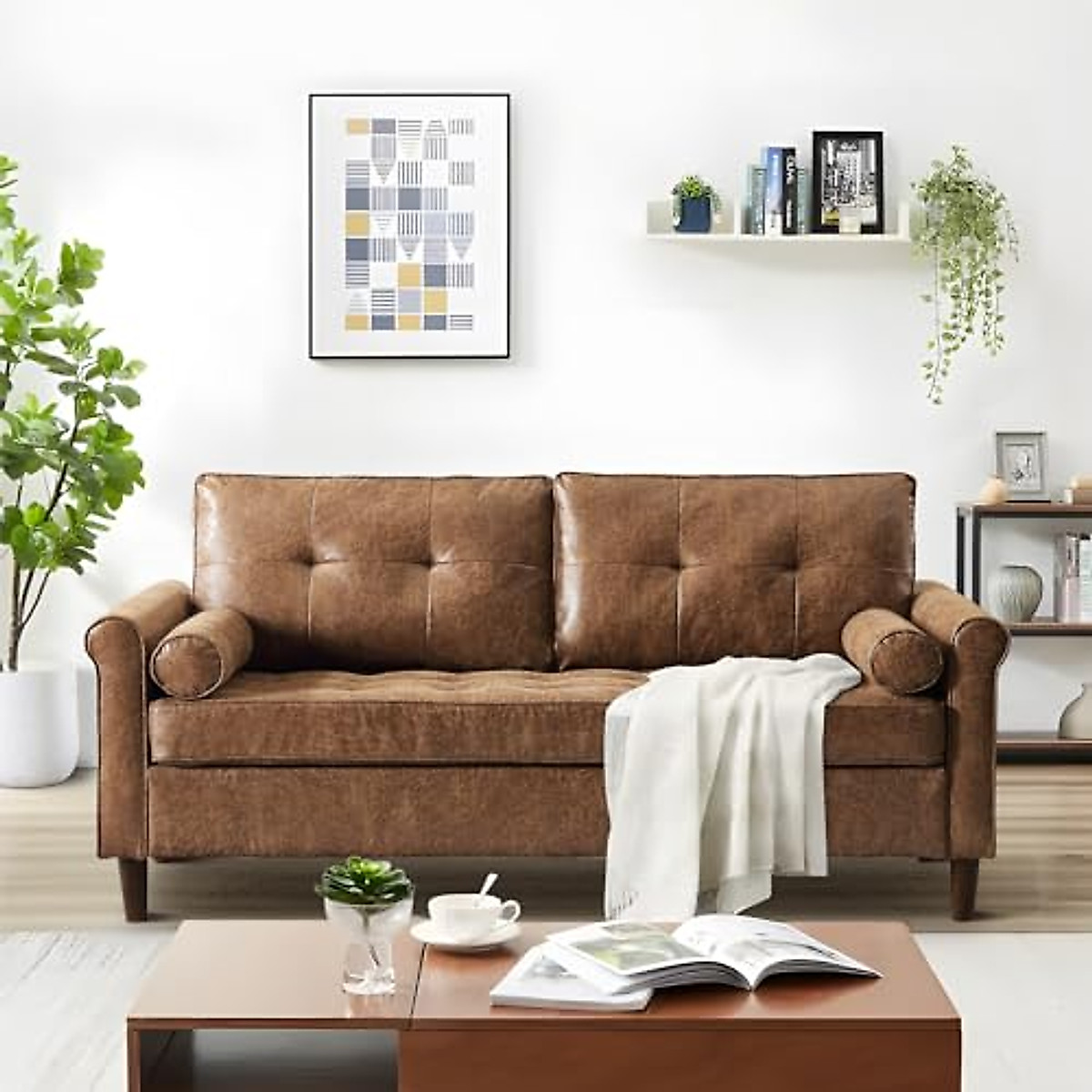 JEEOHEY Small Couch, 60 Inch Mid-Century Modern Faux Leather Upholstered Loveseat Sofa Furniture for Small Space, Living Room, Bedroom, 2 Throw Pillows, Rolled Arm, Back Cushion, Brown