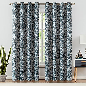 jinchan Farmhouse 80% Blackout Curtains for Bedroom Thermal Curtains Room Darkening Scroll Floral Patterned Thermal Insulated Curtains Living Room Vintage Country Curtain 84 inch Long 2 Panels Blue