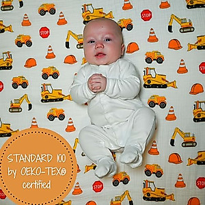 LollyBanks Muslin Swaddle Blanket | 100% Cotton | Newborn and Infant Blanket | Large 47 x 47 inches for Boys | Light Weight and Breathable | Fun Construction Theme