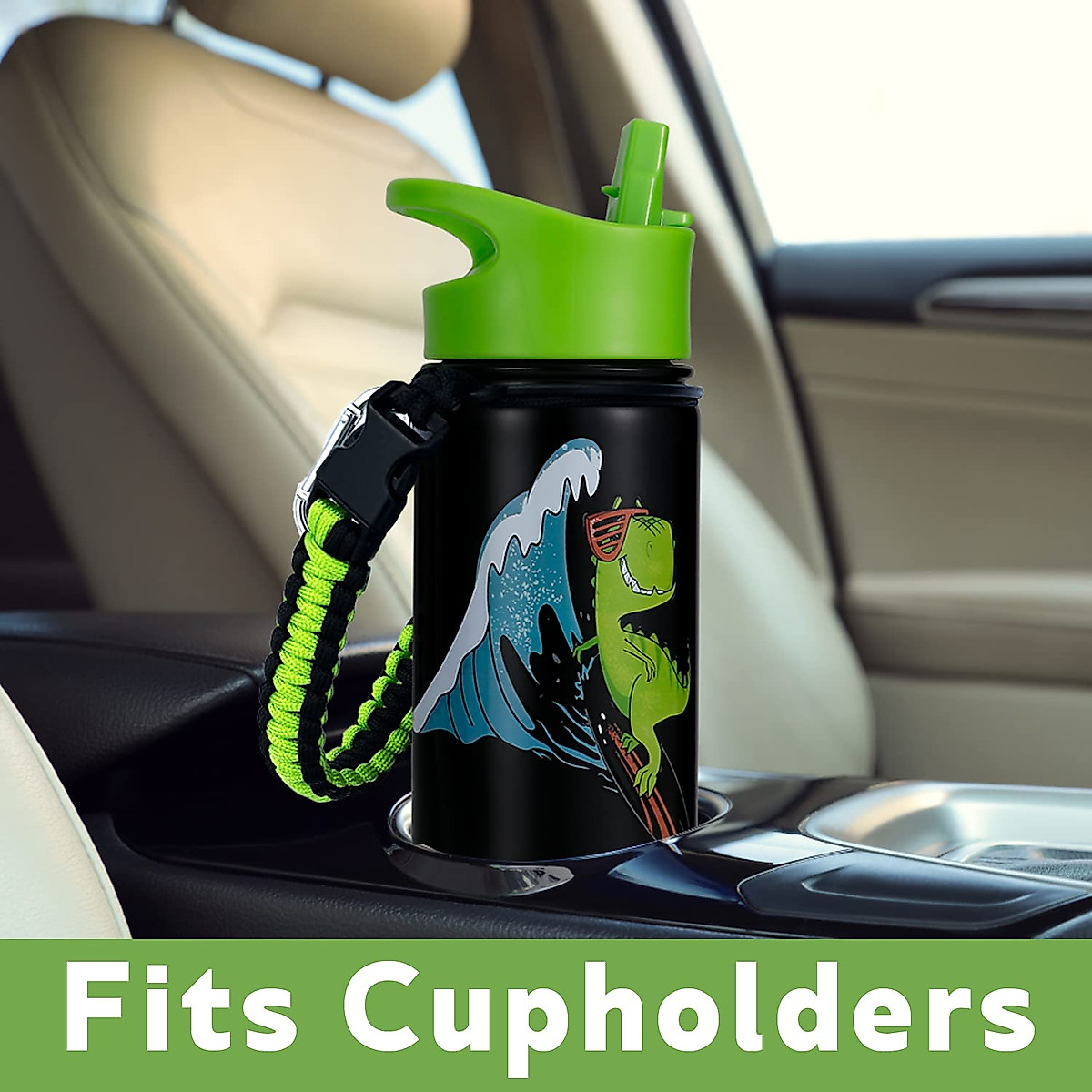 Dinosaur Water Bottle, 14 OZ, Leak Proof, 36 Hours Cold, Dishwasher Safe Lid, Removable Handle, Wide Mouth Double Wall Vacuum Insulated Stainless Steel Water Bottle For School, Straw, Bottle For Boys