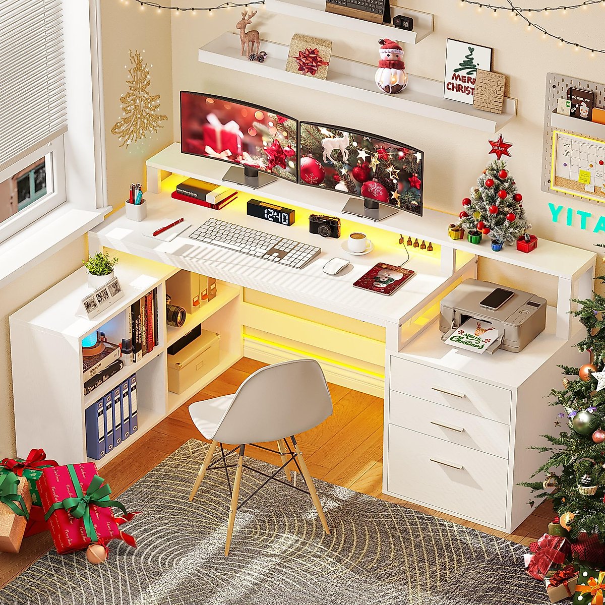 YITAHOME L Shaped Desk with 3 Drawers, 65" Corner Computer Desk with Power Outlets & LED Lights, L-Shaped Desk with File Cabinet & Printer Stand for Home Office, White