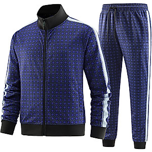 W JIANWANG Track Suits for Men Set Jogging Tracksuit Mens Sweatsuits 2 Piece Fashion Designer Plaid Jogger Sweat Suits Sports Clothes Jackets and Pants Two-piece Outfits Blue JW-2401-S
