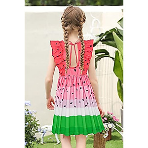 Goodstoworld Little Girls Dress Size 5 6 Toddler Summer Watermelon Beach Dresses 5T 6T Girl Kids Pink Ruffle Sleeveless Graduation Sundress Cute Casual Outfits Fruit Strechy Frocks