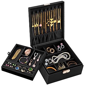 Prestige & Fancy 2 Layer Woman Jewelry Box, Jewelry Organizer For Woman, Men & Girls Large Case 8.5x7.5x3.3in | PU Leather Black Jewelry Gift Storage Boxes For Ring, Necklace & Bracelet With Lock