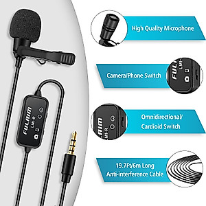 FULAIM Lavalier Lapel Microphone for Smartphone, 19.7Ft Professional Omnidirectional Clip Mic for YouTube/Interview/Recording for PC, Laptop