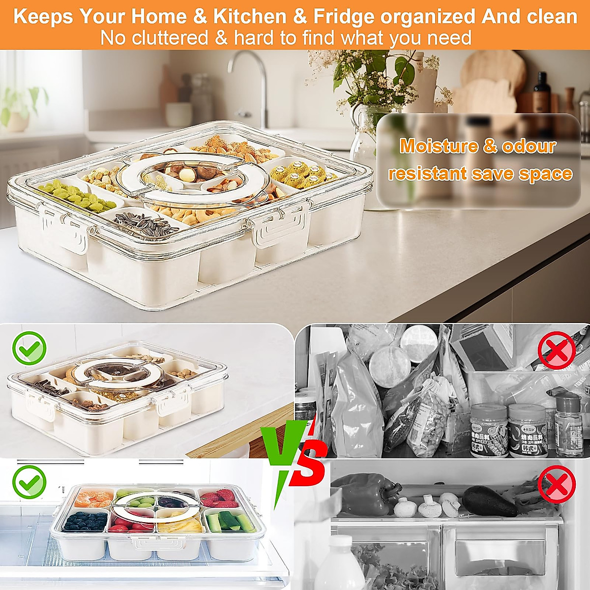 2Pack Snackle Box, Snack Box Container, Divided Serving Tray with Lid, Snack tray, Snack Organizer for Candy, Fruits, Nuts, Spices, Vegetable, Snacks - For Party, Picnic, Entertaining