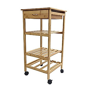 Redmon Bamboo Multi Shelf Kitchen Trolley, Three Open Shelves, Slide Drawer, Locking Castors, Wine Bottle Holder, 15.25 Inch Width x 15.25 Inch Depth x 31.50 Inch Height