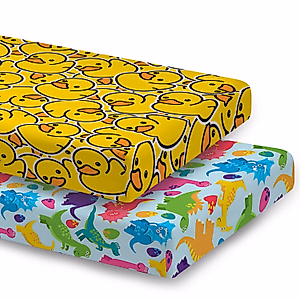 ARIGHTEX 2 Pack Fitted Crib Sheets, Soft Jersey Knit, Breathable and Hypoallergenic Baby Sheet, Duck and Dinosaur, Portable Mattress Topper for Boys Girls, 28"x 52", Nursery Sheet Fits Standard Size