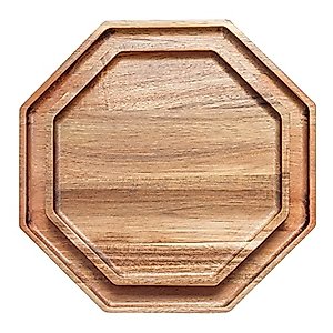 MOR GLOBAL Set of 2 Serving Trays, Big 12" & 10" 100% Acacia Wood Octagon Bread Plates For Serving Fruit Salad, Platter Vegetable, Food Dish, Pizza, Cheeses, Cupcakes, Sushi, Coffee, Wine, Dessert