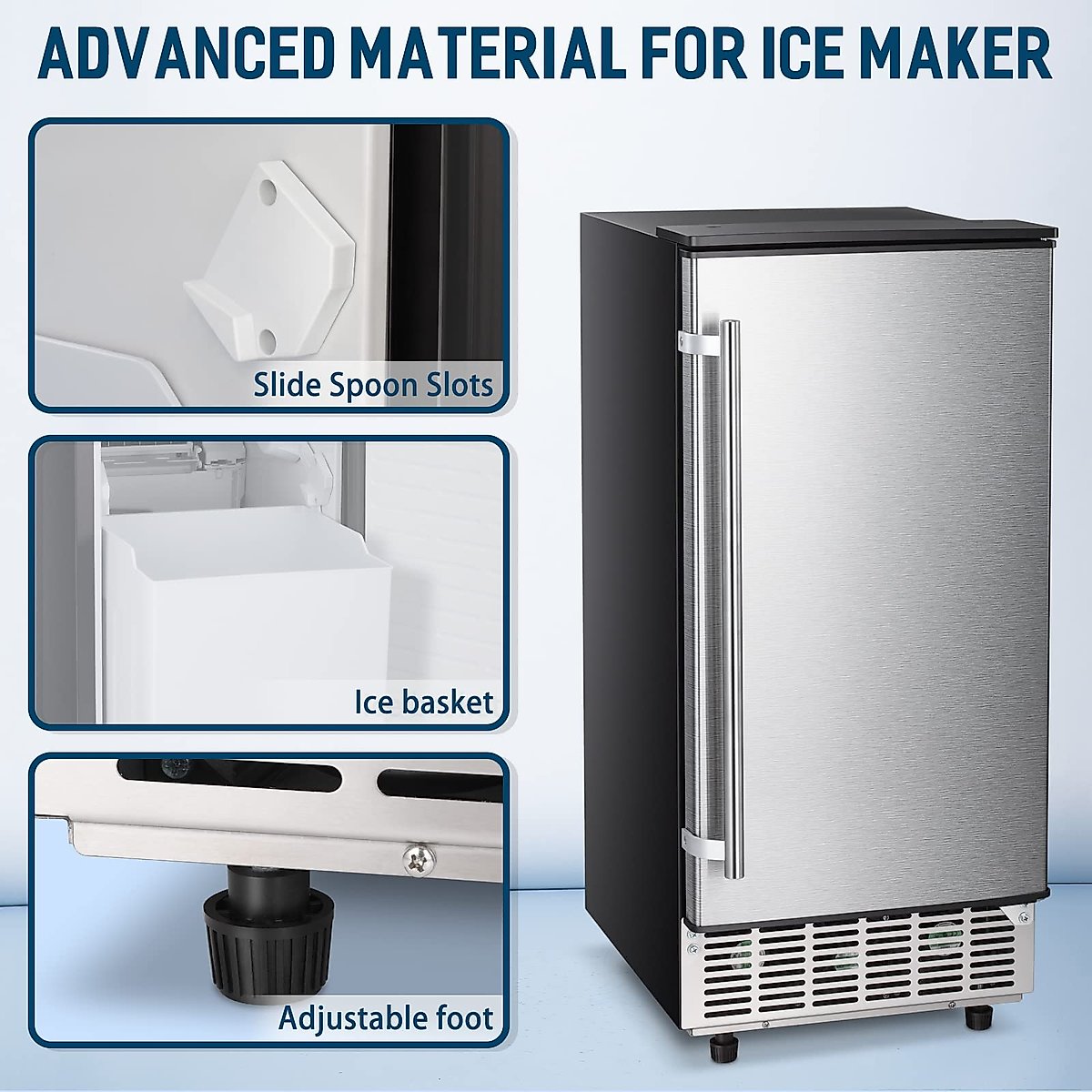Antarctic Star Ice Maker 115V 60Hz Ice Scoop Handle Water Inlet Pipe Draining Pipe Quick Connector 40 Square Ice Cubes in 20 Minutes 80lbs in 24H 24-Hour Timer Self-Cleaning, Silver