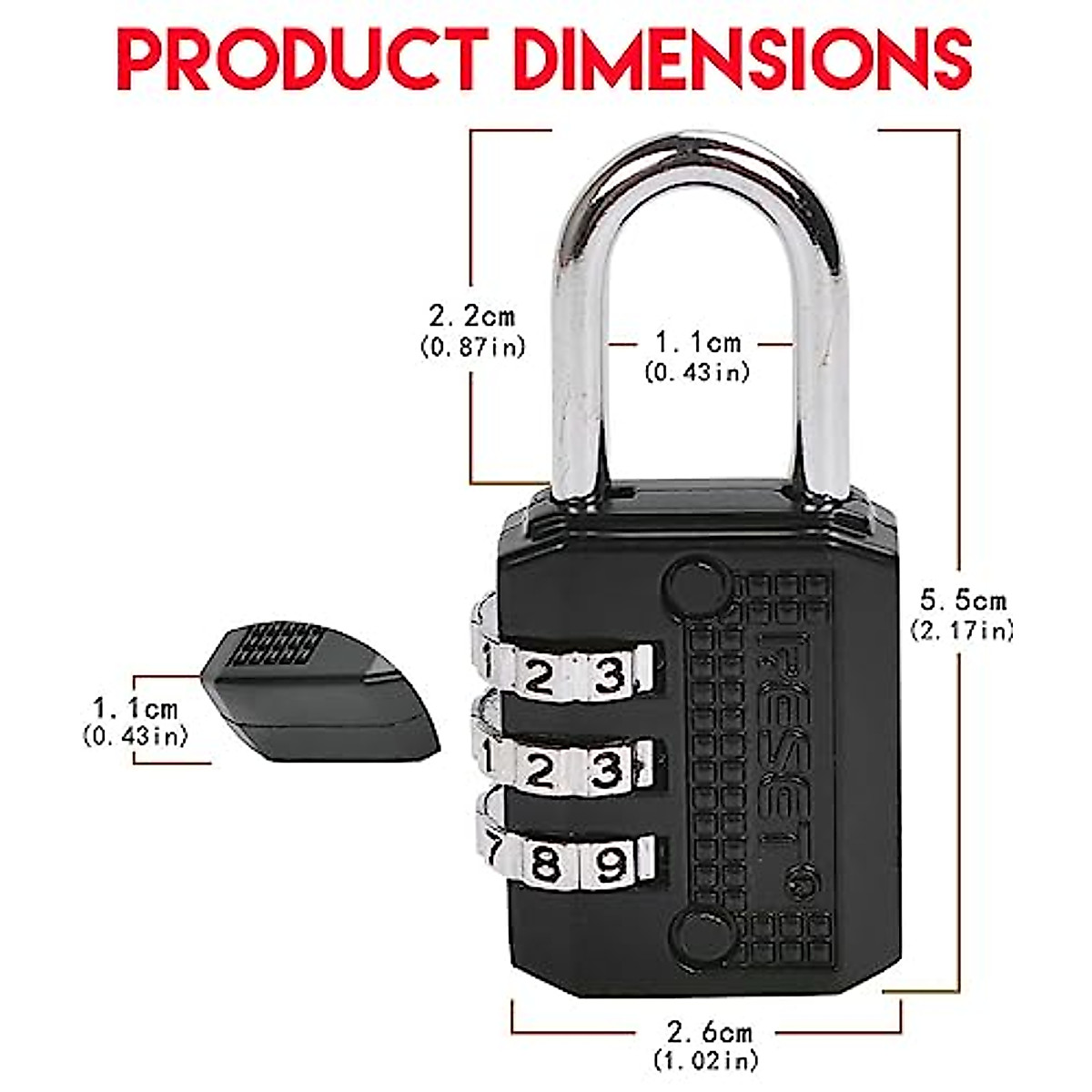 RESET-071 3 Digit Small Combination Lock Tiny Padlock for Mini Locker Box Luggage Suitcase Backpack Black