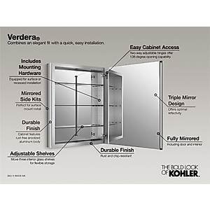 KOHLER K-28032-NA Verdera Medicine Cabinet with Slow-Close Mirror Doors & Adjustable Shelves, Rectangular Frame, 34" x 40"