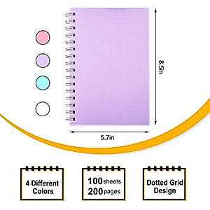 EOOUT Dotted Journal Spiral Notebook 4 Pack A5 Spiral Dot Grid Notebook for School, Office, Artist Writing Drawing, 100 Sheets/200 Pages, Blue, Pink, Purple, Transparent