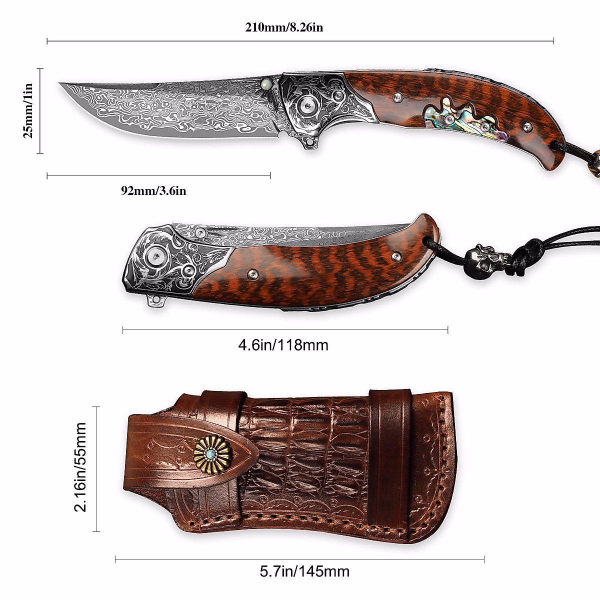 ALVELY Handmade Folding Pocket Knife, 3.6in Straight Alloy Steel Blade, Snake Lines Wood Handle, Liner Lock, with Leather Sheath, EDC Unisex Adult Knife
