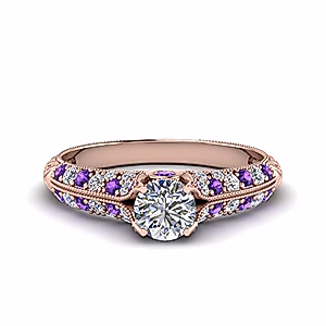 CustomizedGifts 2 Row Milgrain Diamond Ring rose gold plated Natural Amethyst Round shape purple color Vintage Engagement Rings bezel Setting in Size 12 Party Wear Daily Wear Ornament