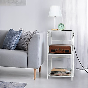 Record Player Stand, Turntable Stand with Power Outlet Side Table with Charging Station Vinyl Player Stand with Storage Record Player Table with Album Storage White for Living Room Bedroom