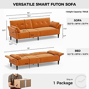 COPIAE 89” Futon Sofa Bed, Velvet Fabric Comfy Futon Couch Bed with 2 Square Pillows, Convertible Sleeper Sofa with Adjustable Backrest& Armrests, Modern Loveseat Sleeper for Living Room, Bedroom