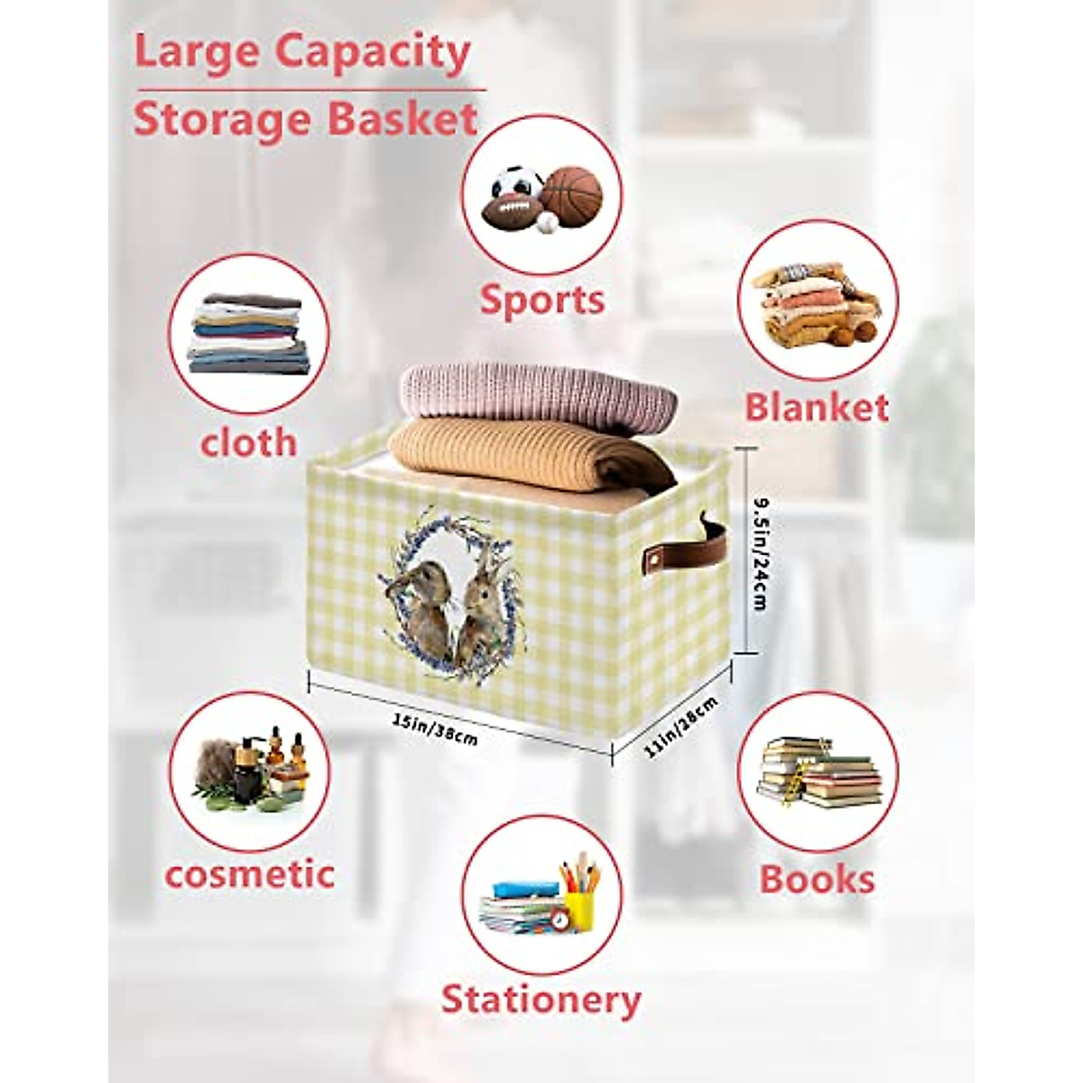 Large Storage Baskets Bins Easter Bunny Wreath Collapsible Storage Box Laundry Organizer for Closet Shelf Nursery Kids Bedroom Spring Happy Easter Yellow Buffalo Plaid