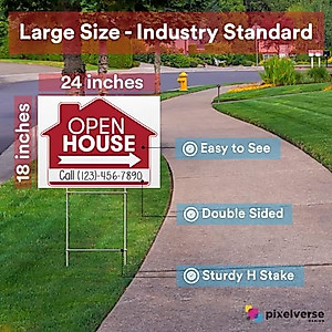 Open House Real Estate Signs – 18x24 Inches 5 Pack Set - Double Sided Red Property Yard Sign Bulk Pack - Includes 5 Heavy Duty Rust Free H Wire Stakes - Large Directional Arrows Realtor Agent Supplies