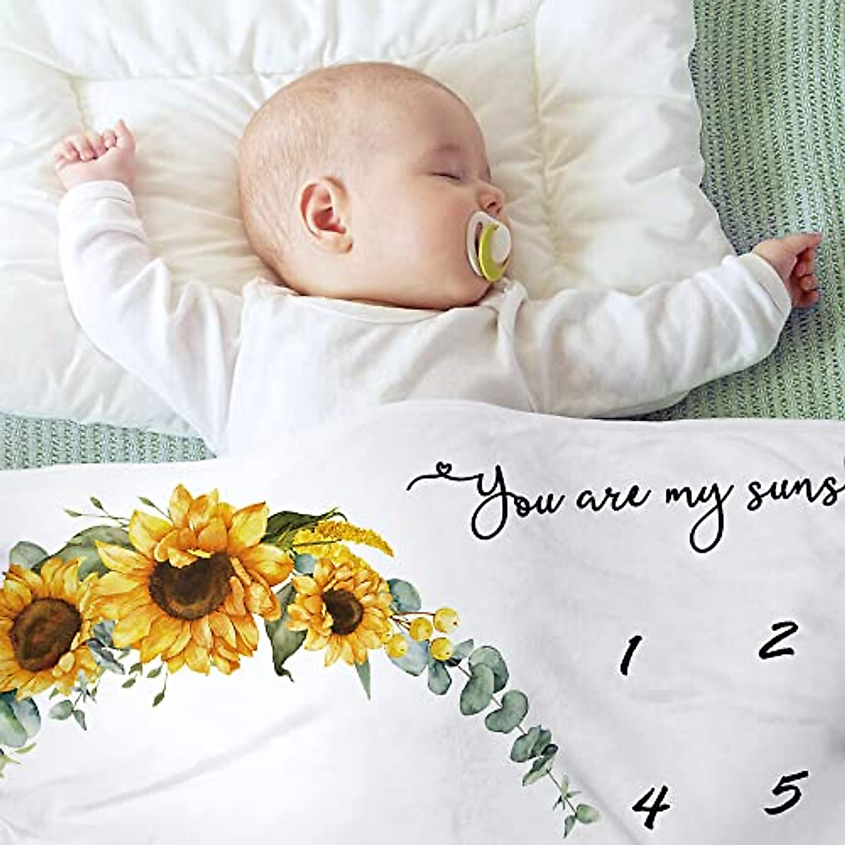 fundich Baby Milestone Blanket for Baby Girl|Newborn Monthly Milestone Picture Blanket|Sunflower Nursery Decor|Baby Girl Photo Background Prop Blanket 45"x40" with Wreath and Headband