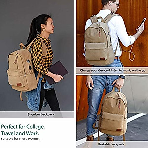 UNIWALK Canvas Laptop Backpack, Waterproof College Backpack With USB Charging Port For Men Women, Vintage Anti-theft Travel Daypack Rucksack Fits up to 15.6 inch Computer(Brown)