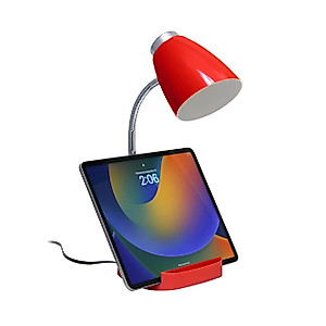 Simple Designs LD1002-RED Gooseneck Organizer Desk Lamp with iPad Tablet Stand Book Holder, Red