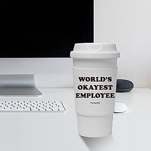 Funny Guy Mugs World's Okayest Employee Travel Tumbler with Removable Insulated Silicone Sleeve, White, 16-Ounce