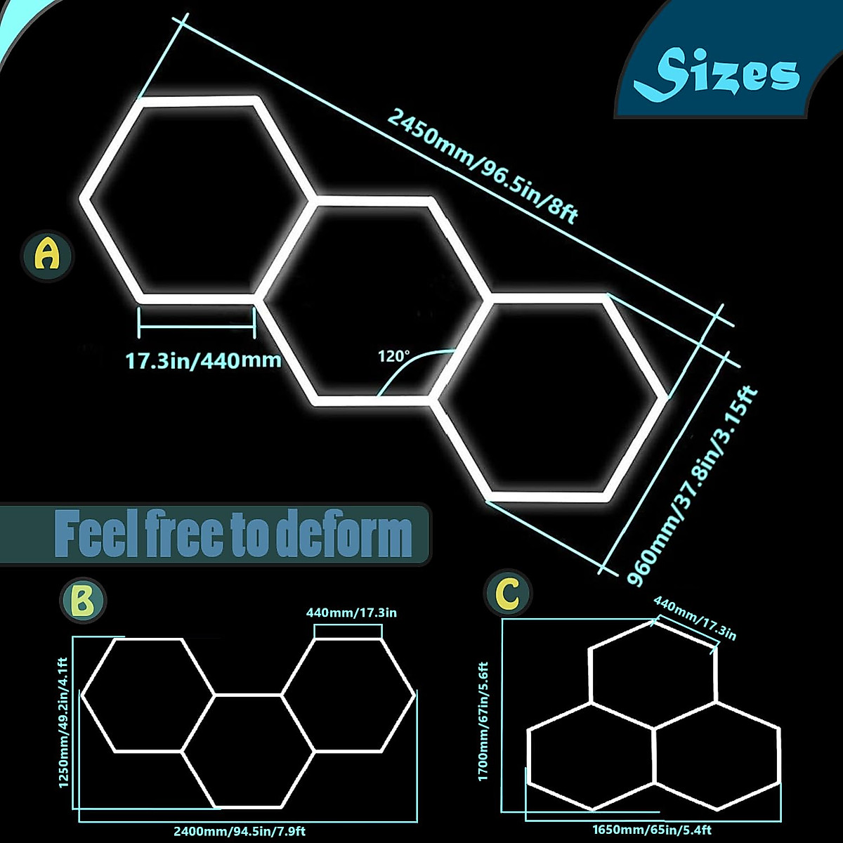 SENKOYU LED Car Garage Light, Attachable Plug in Ceiling Light, 96W 10640LM 6500K Daylight White, IP54 Hexagonal Shop Light for Car Detailing, Garage, Workshop and Gym (3 Hexagonal Grids)