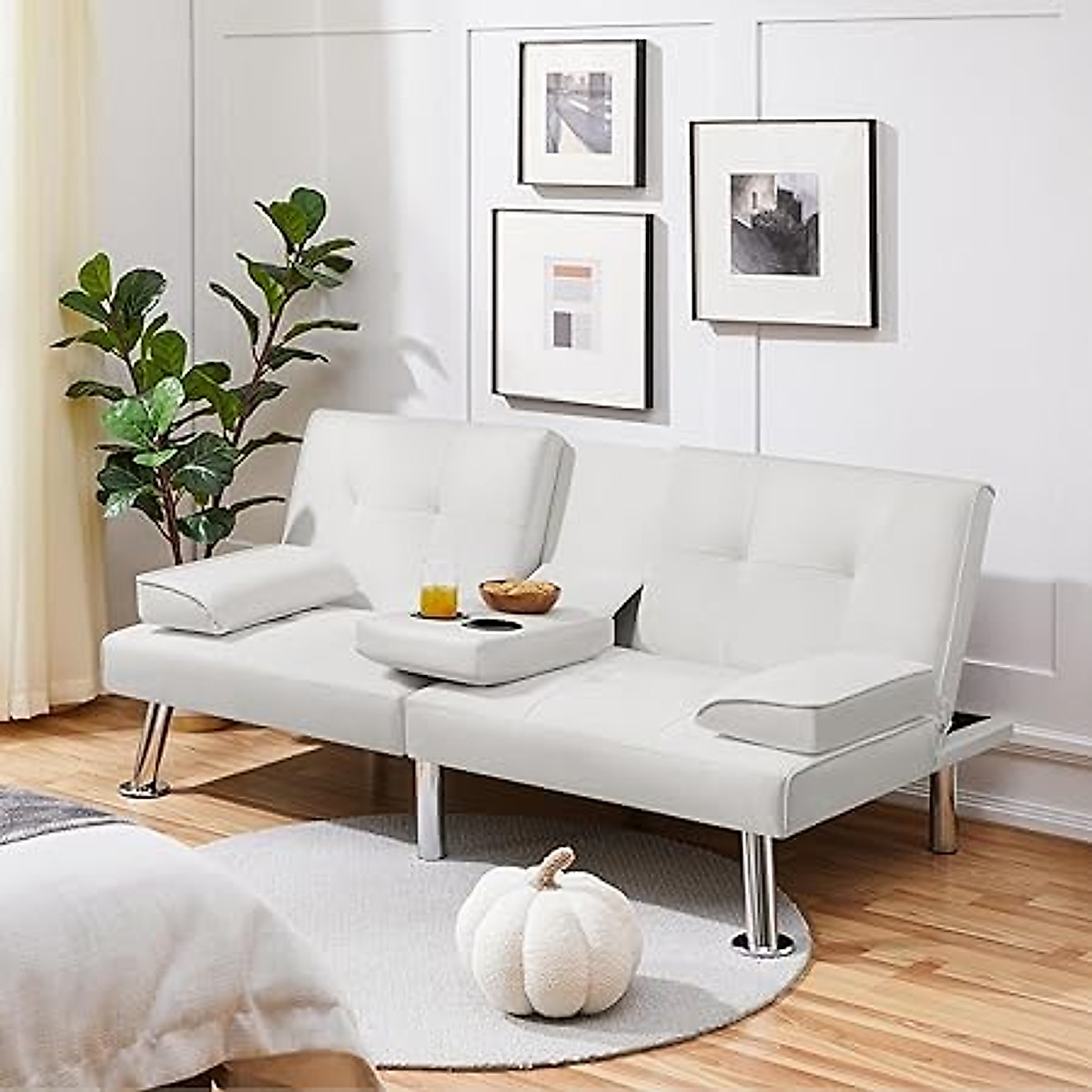 Convertible Folding Futon Sofa Bed with Metal Legs & 2 Cupholders, Modern Fabric Linen Upholstered Couch Loveseat Sleeper, Folding Couches Bed, Removable Armrests for for Small Spaces (White)