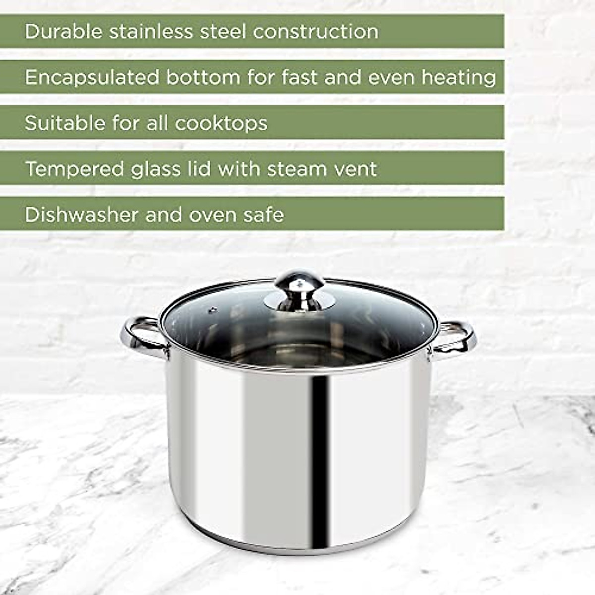 Ecolution Stainless Steel Stock Pot with Encapsulated Bottom Matching Tempered Glass Steam Vented Lids, Made Without PFOA, Dishwasher Safe, 8-Quart, Silver