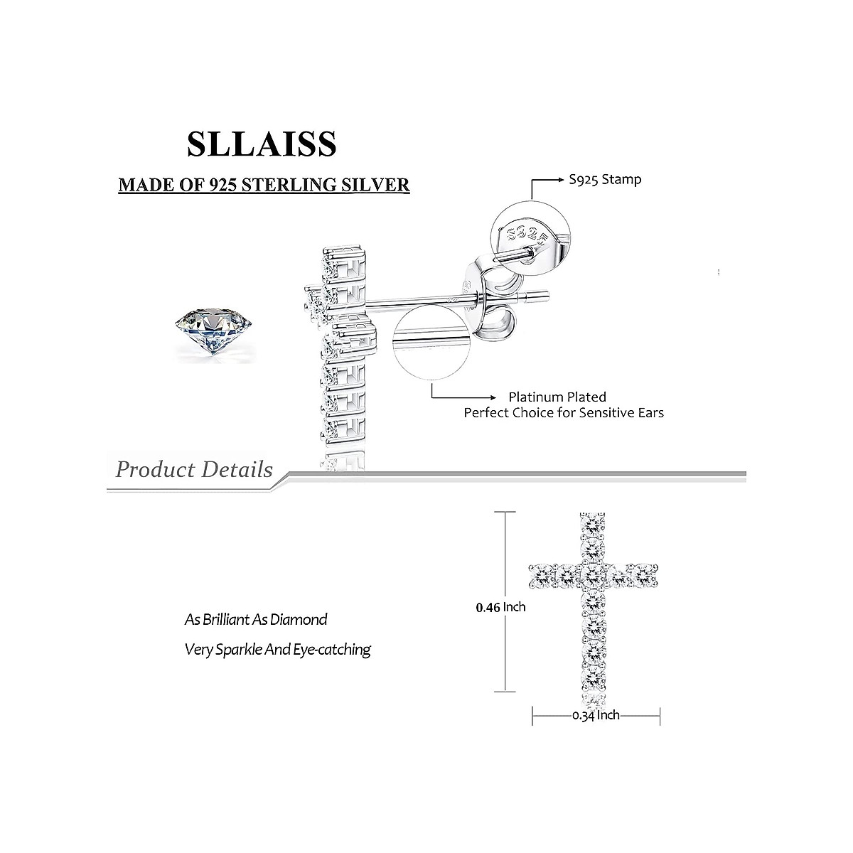 Sllaiss Cubic Zirconia Cross Stud Earrings 925 Sterling Silver CZ Stud Earrings for Women