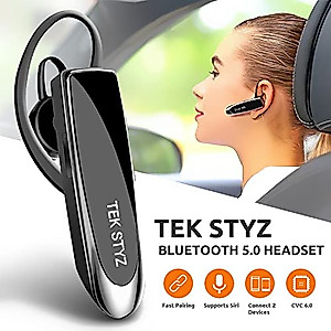 Tek Styz V5.0 CSR Wireless Bluetooth Earpiece for iPhone, Android, Samsung,Laptop,Tablet with Mic, IPX3 Waterproof Headset with CVC 6.0 Dual Noise Cancelling Technology and 24H Talk Time/Playtime