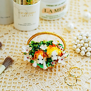 YU FENG Puppy Flower Basket Trinket Boxes Hinged Rhinestones Jeweled Painted Enameled Collectible Dog Animal Figurine Jewelry Holder Box