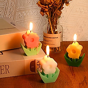 3 Pcs Flower Shaped, Aesthetic, Cool, Cute, Danish Pastel Room Decor Paraffin Soy Funky Scented Candle Bridal Showers for Gift Wedding Party Favors (Pink, White, Yellow)
