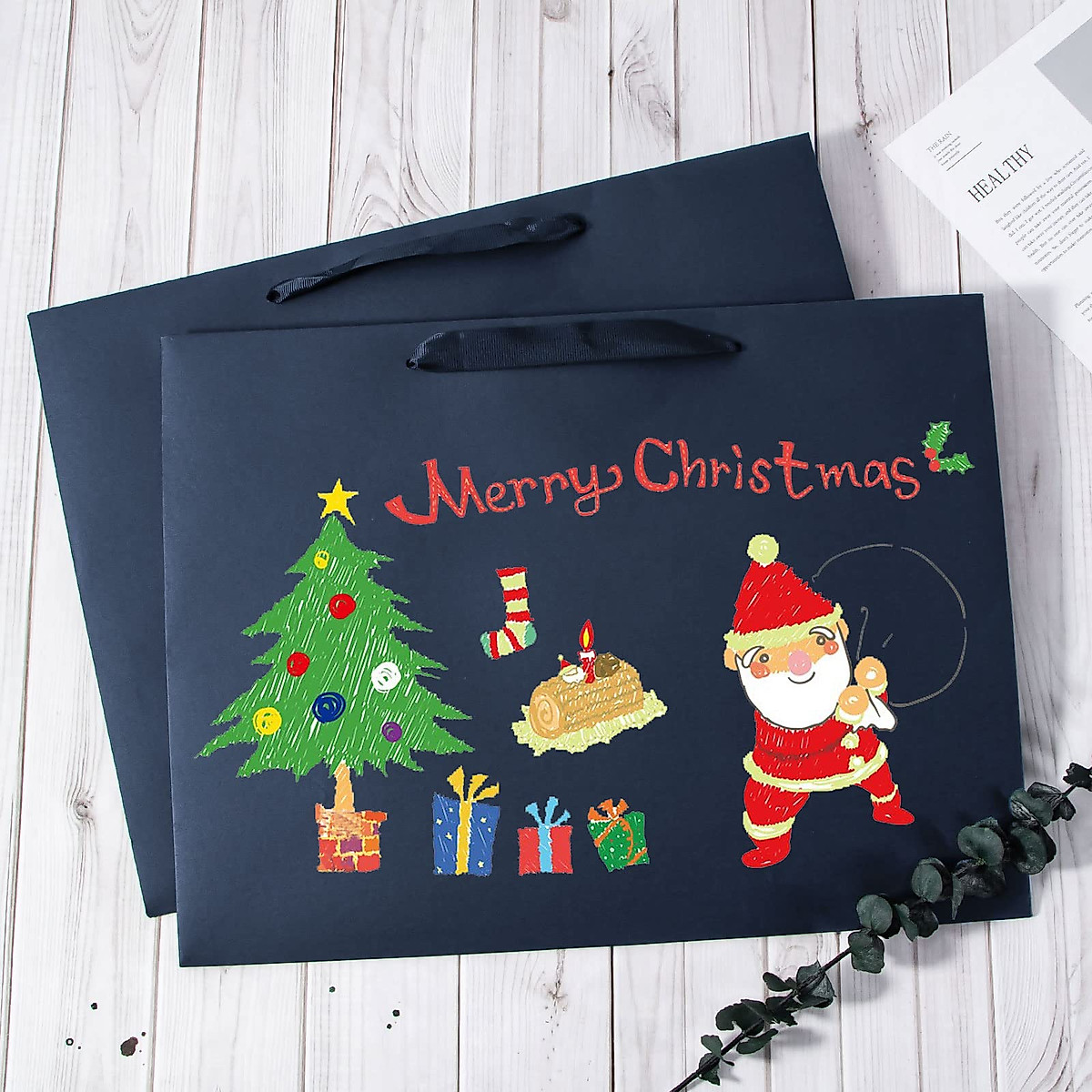 Katfort Large Navy Blue Gift Bag with Handles 12 Pack, 16''×6''×12'' Extra Large Gift Bag with Ribbon Handles, Reusable Heavy Duty Kraft Paper Bags Bulk for Shopping, Wedding, Party, Gift, Retail