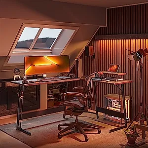 CubiCubi L Shaped Gaming Desk Computer Office Desk with Carbon Fiber Surface, 47 inch Corner Desk with Large Monitor Stand for Home Office Study Writing Workstation, Black