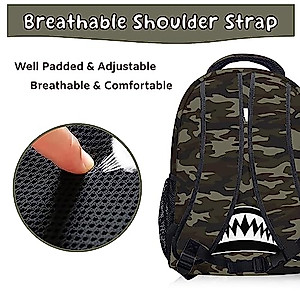 Cbntnaf Camo Daypack for Women Men, Shark Teeth Bookbag for Boys Girls, Large Capacity Lightweight Backpack for School Work Camping Hiking