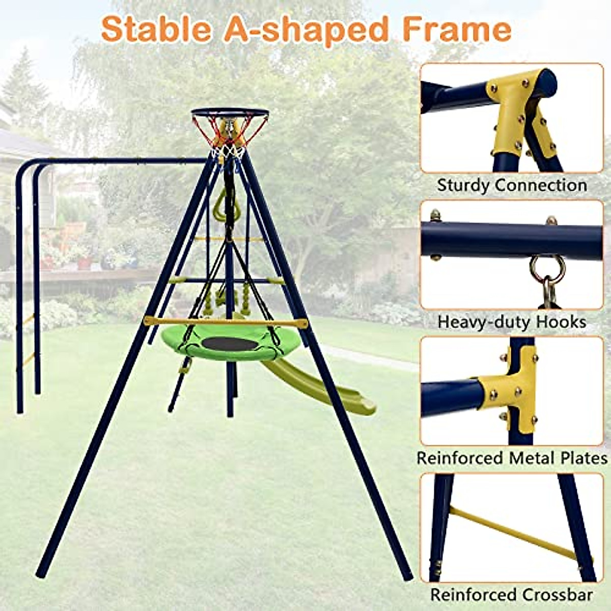 HONEY JOY Swing Sets for Backyard, 660lbs 7-in-1 Heavy Duty Swing Set w/A-Frame Metal Swing Stand, 2 Swings, Glider, Gym Rings, Slide, Monkey Bar,Basketball Hoop, Swingset Outdoor for Kids 3-12