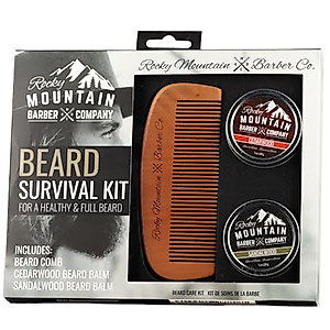 Rocky Mountain Barber Company All-In-One Beard Care Kit - Wooden Beard/Hair Comb, Cedarwood and Sandalwood Balms (1oz) in Gift Box