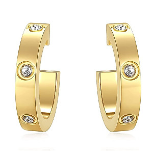 Friendship Earrings for Women Designer Cubic Zirconia Gold Stainless Steel Hoop Huggie Cuff Studs Friendship Jewelry Mothers Day Birthday Christmas Gifts… (Gold - Round Zirconia)
